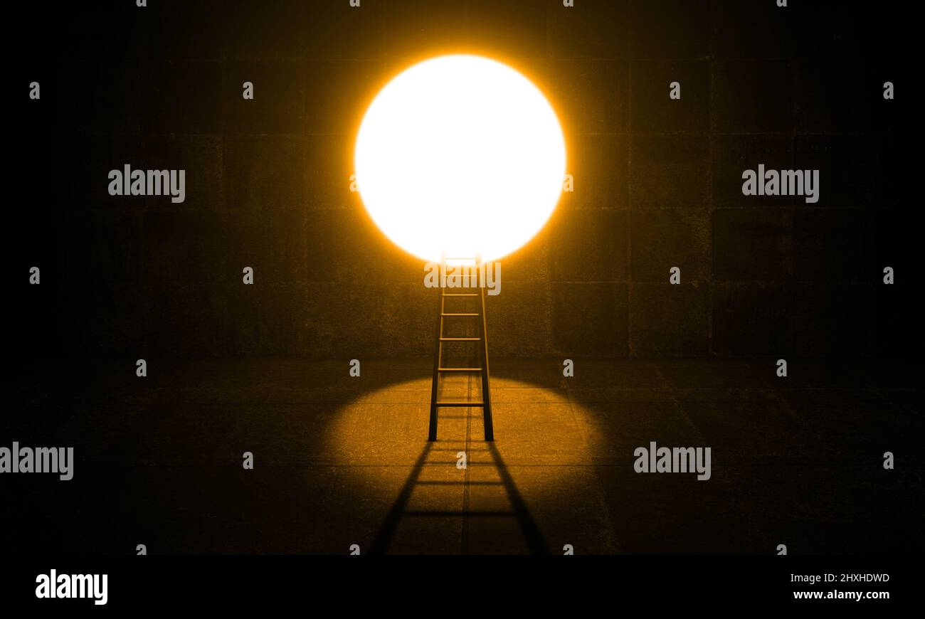 Bright Circle Window with Spotlight in concrete dark room with ladder ...