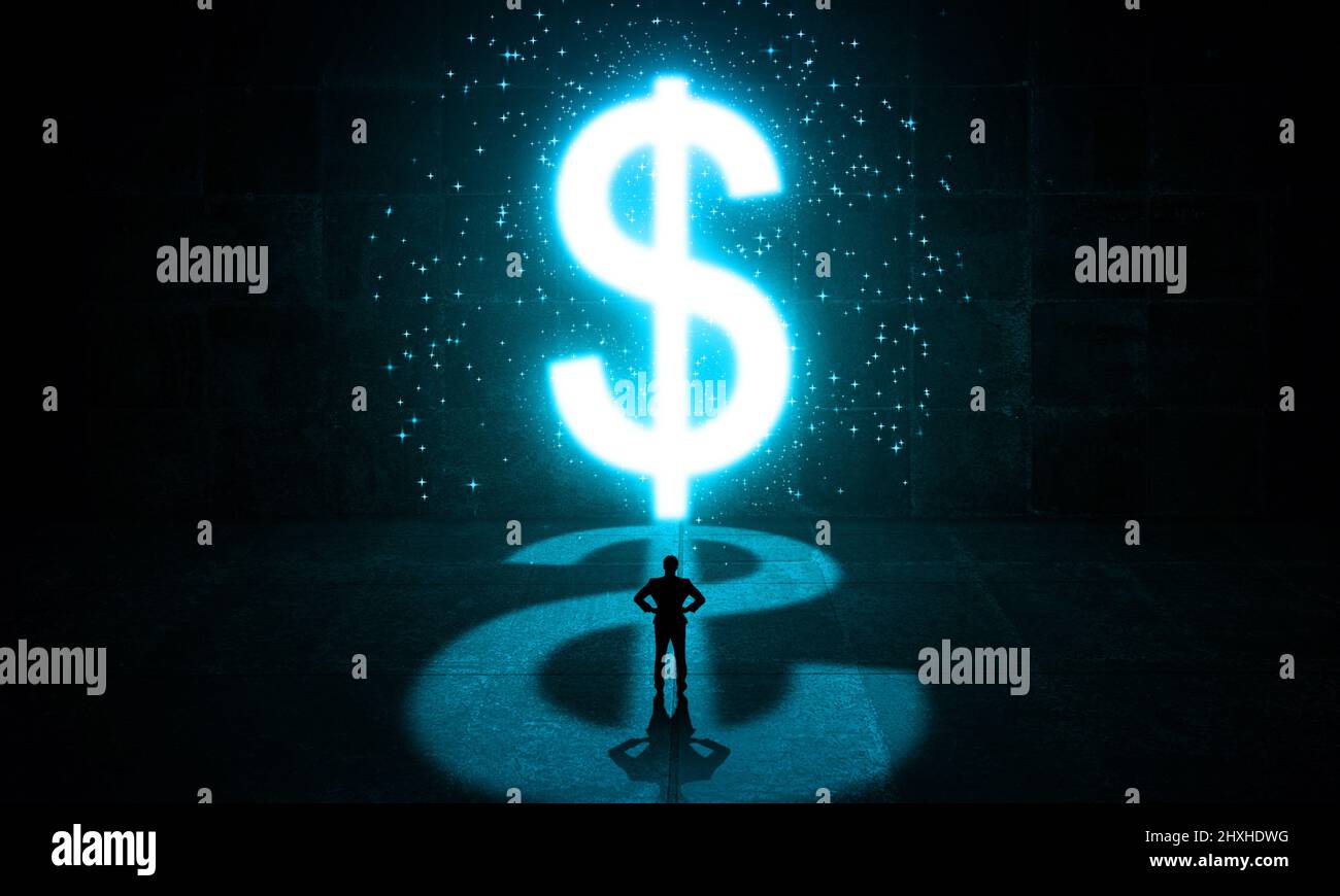 Businessman Standing in light from a Starry Dollar Sign Door or exit ...