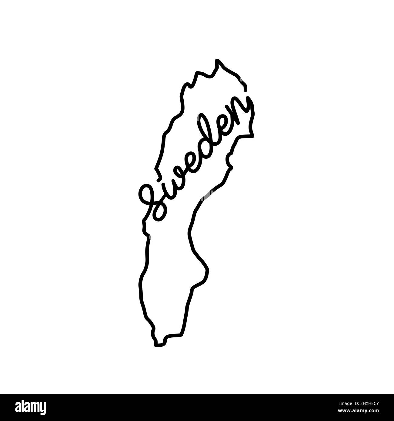 Sweden outline map with the handwritten country name. Continuous line ...