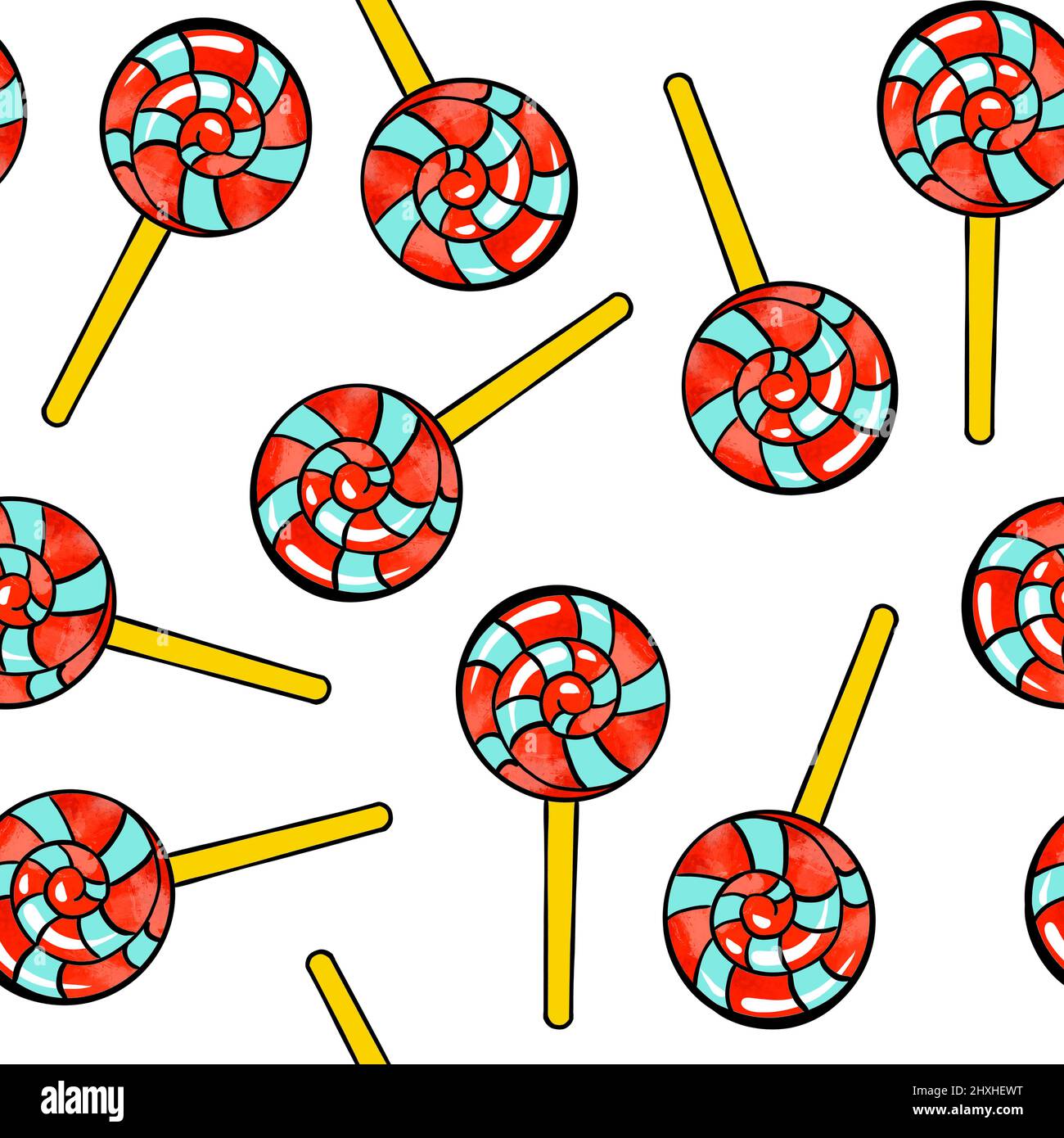 Seamless raster pattern of candy lollipop in a round shape on a stick ...