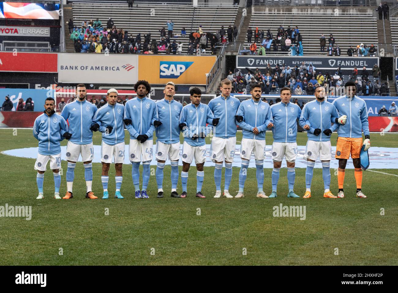 New York, NY - March 12, 2022: NYCFC team poses before regular MLS game ...