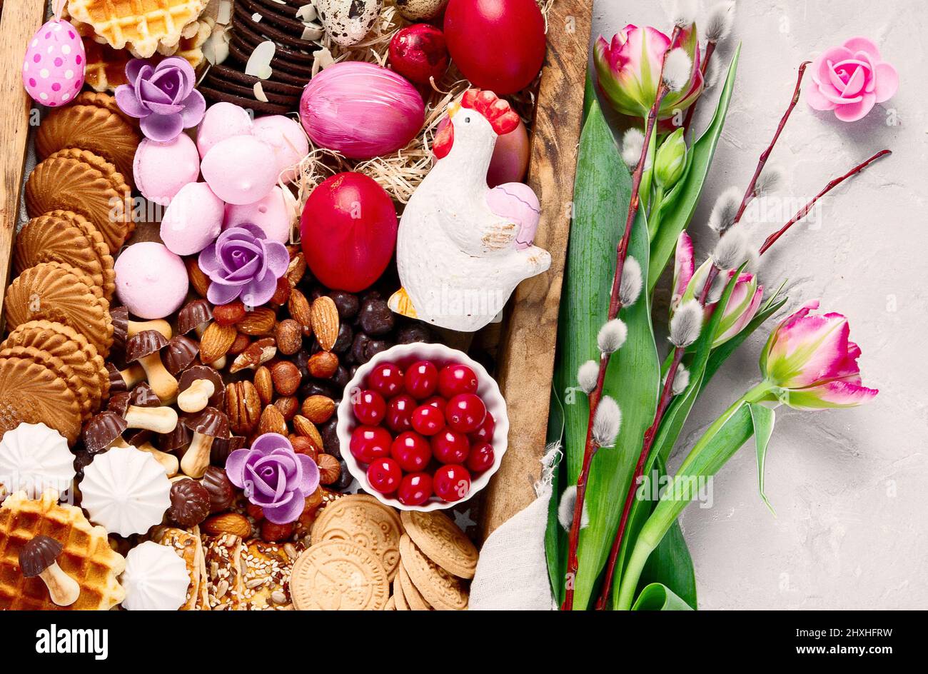 Easter table settng with an assortment of desserts and treats. Spring ...
