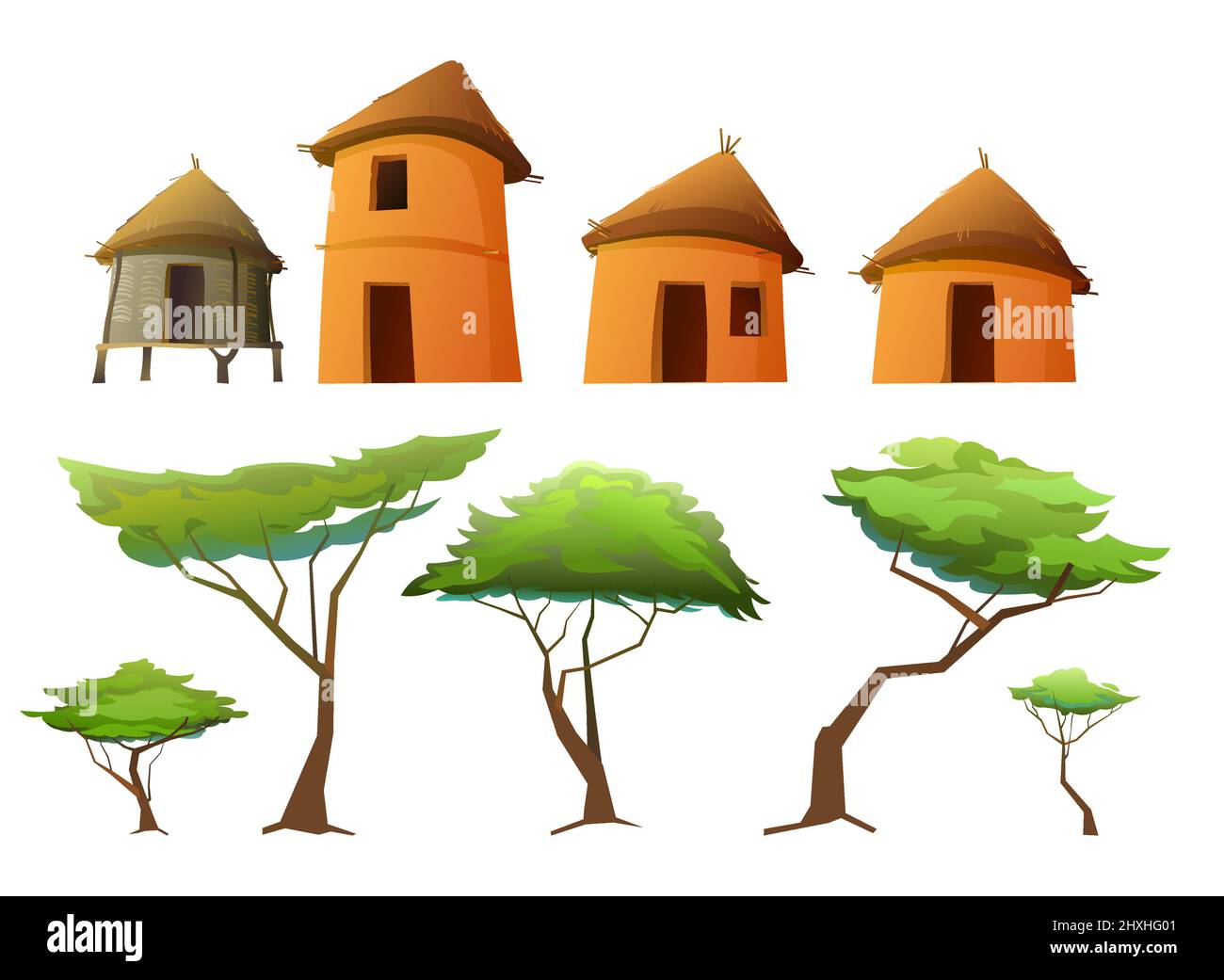 Set of Africa village. Rural houses made of clay and straw. African ...