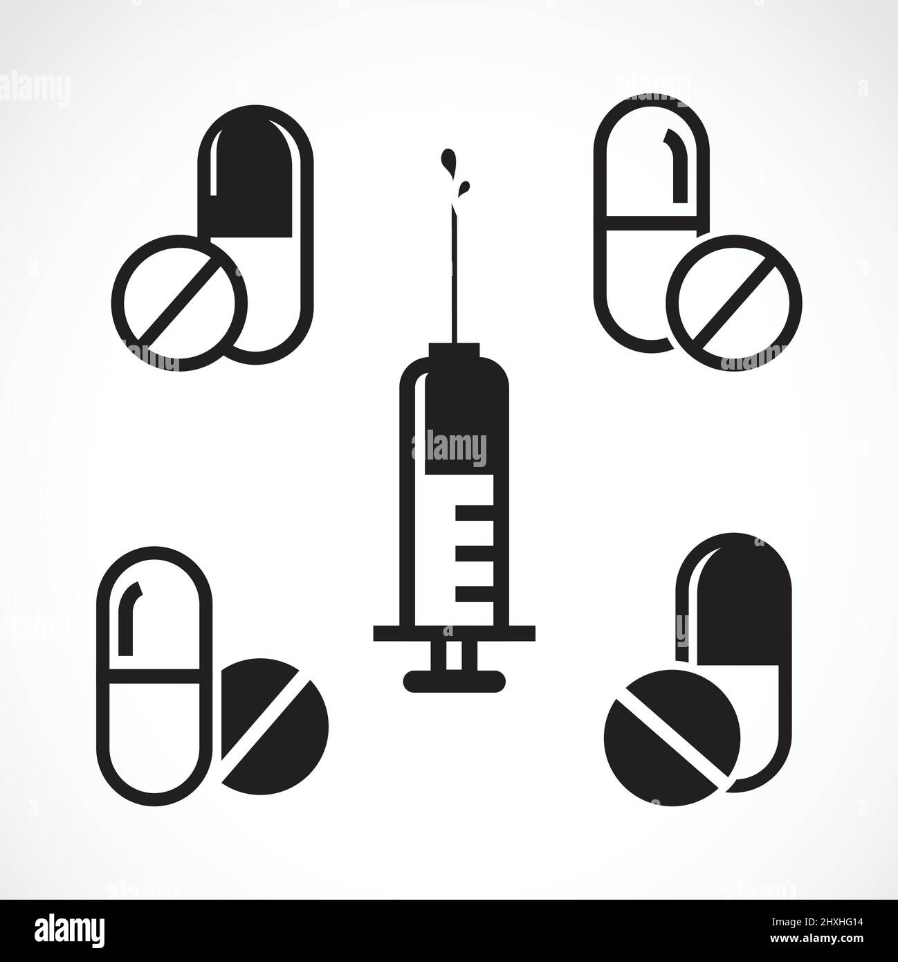 Vector set of pills and capsules and syringe isolated on white ...