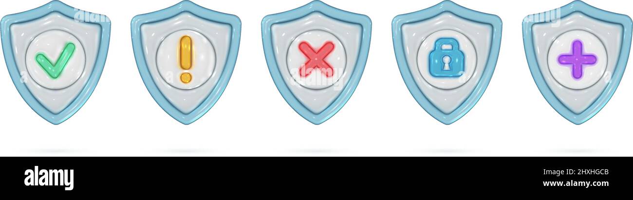 3d glossy shield in realistic style. Glass screens set with check mark ...