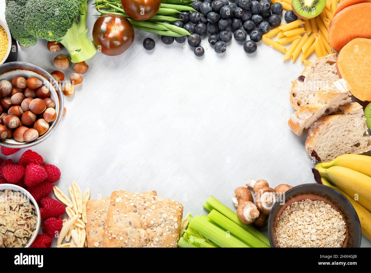 Foods high in fiber on gray background. Healthy food concept. Top view ...