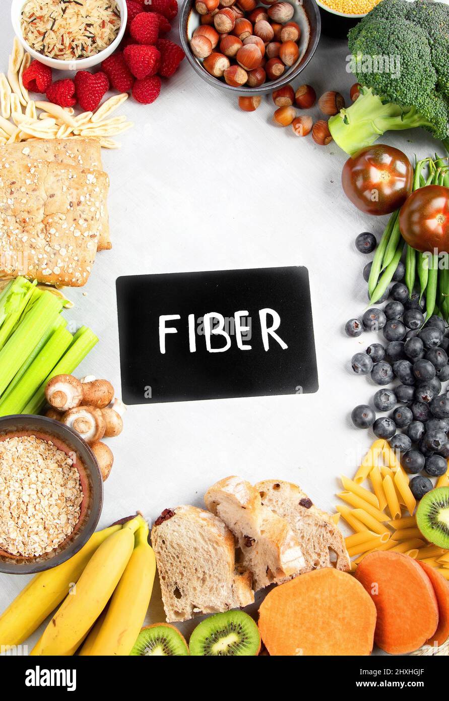Foods high in fiber on gray background. Healthy food concept. Top view ...