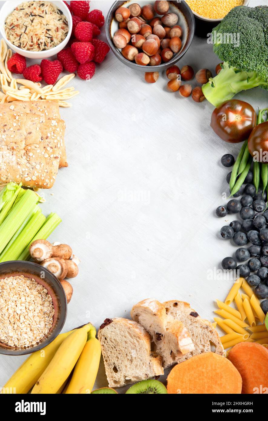 Foods high in fiber on gray background. Healthy food concept. Top view ...