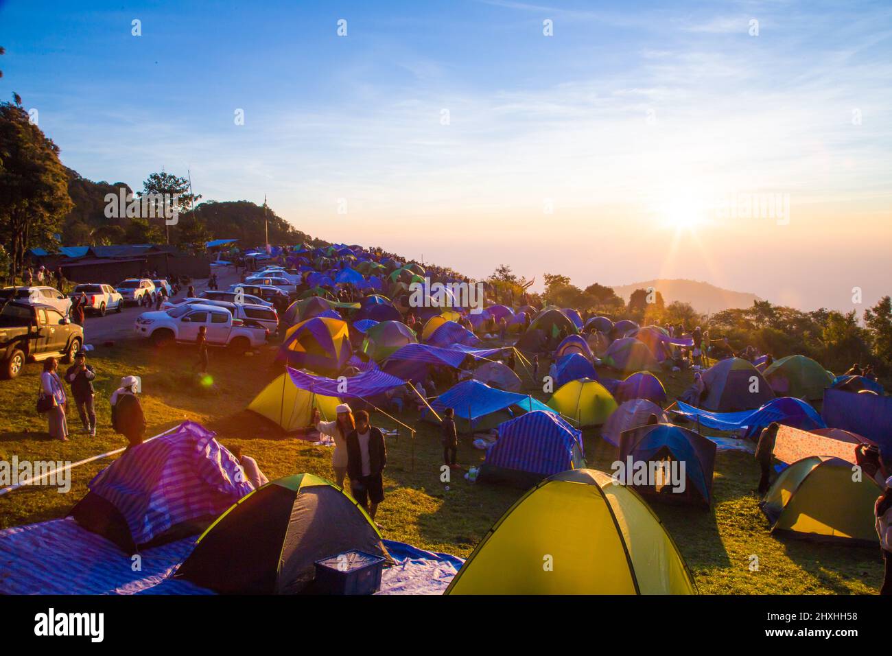 Group of colourful camping tent on mountain hill sunrise view nature ...
