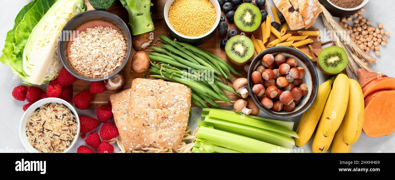 Foods high in fiber on gray background. Healthy food concept. Top view ...