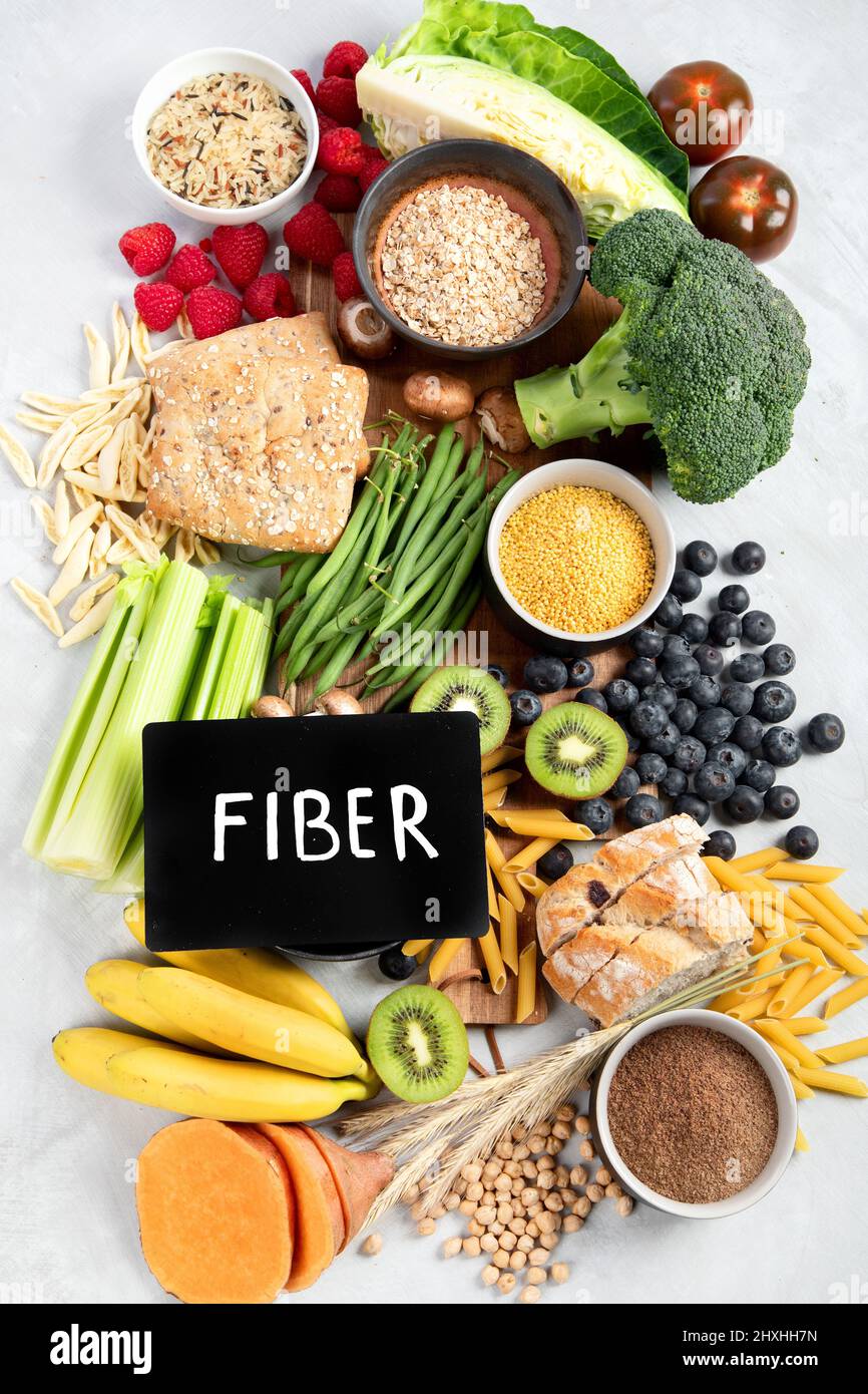 Foods high in fiber on gray background. Healthy food concept. Top view ...