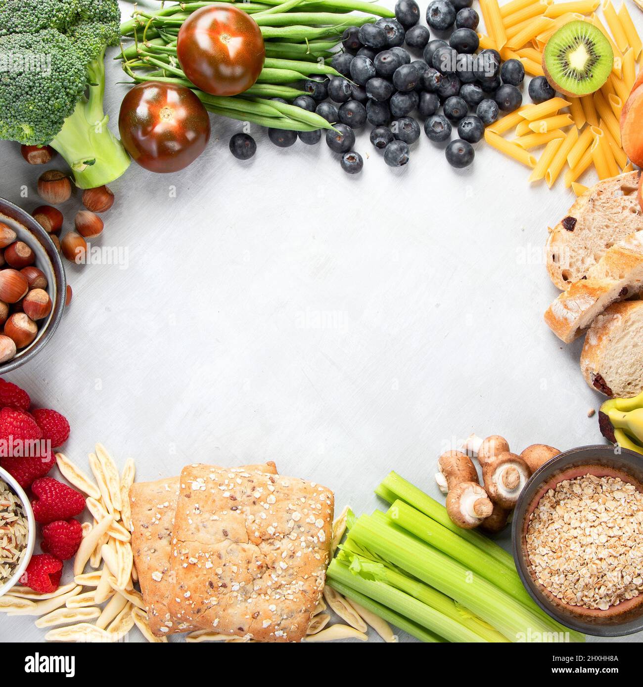 Foods high in fiber on gray background. Healthy food concept. Top view ...