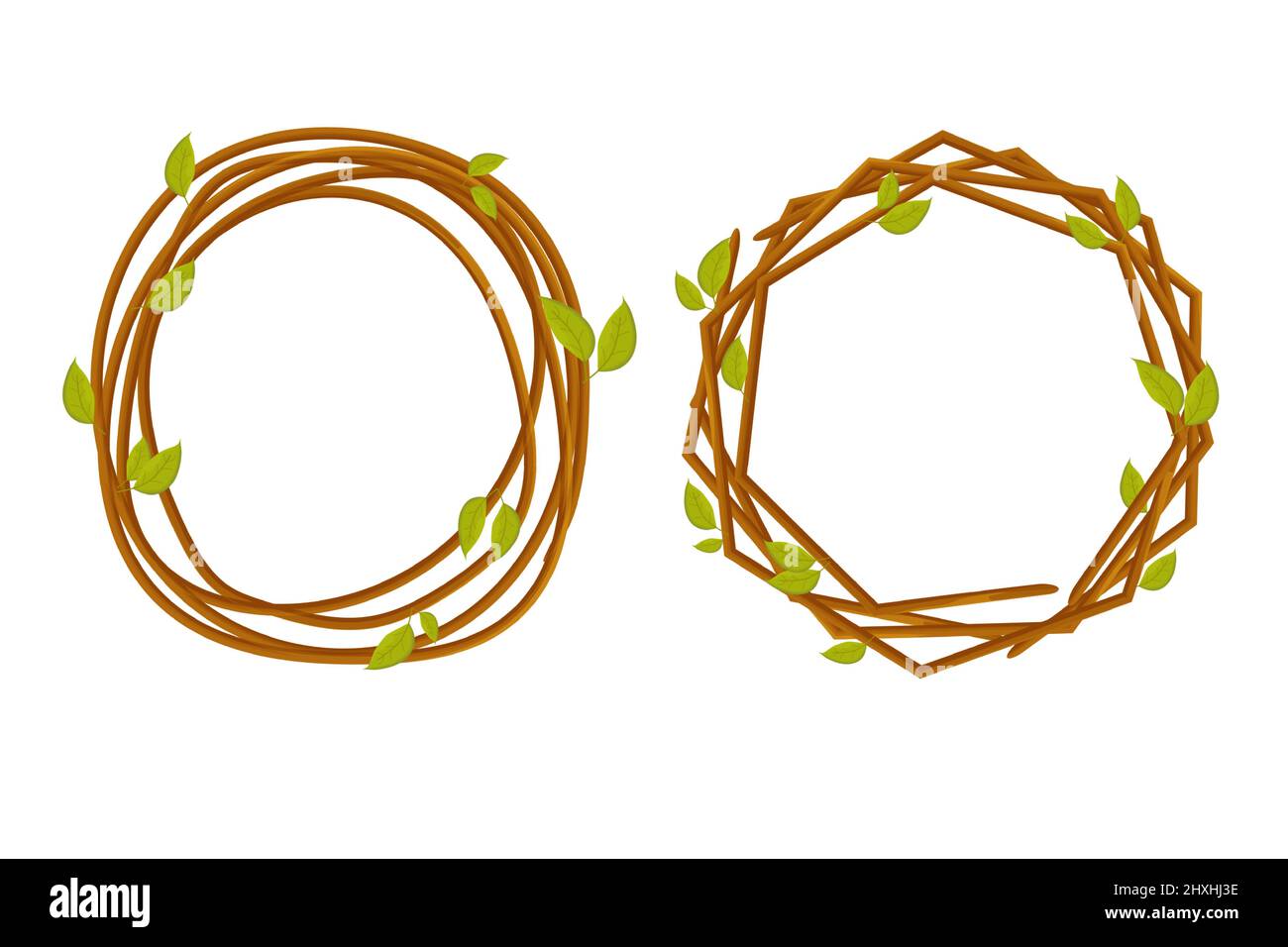 Set frames from wood branch with leaves, spring garland from sticks ...