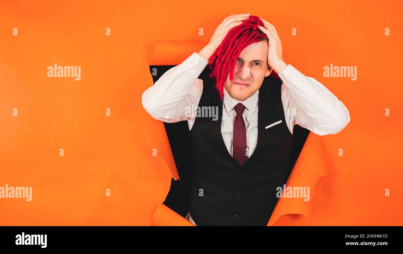 Portrait businessman hipster denial, refuse to listen, shut ears ...