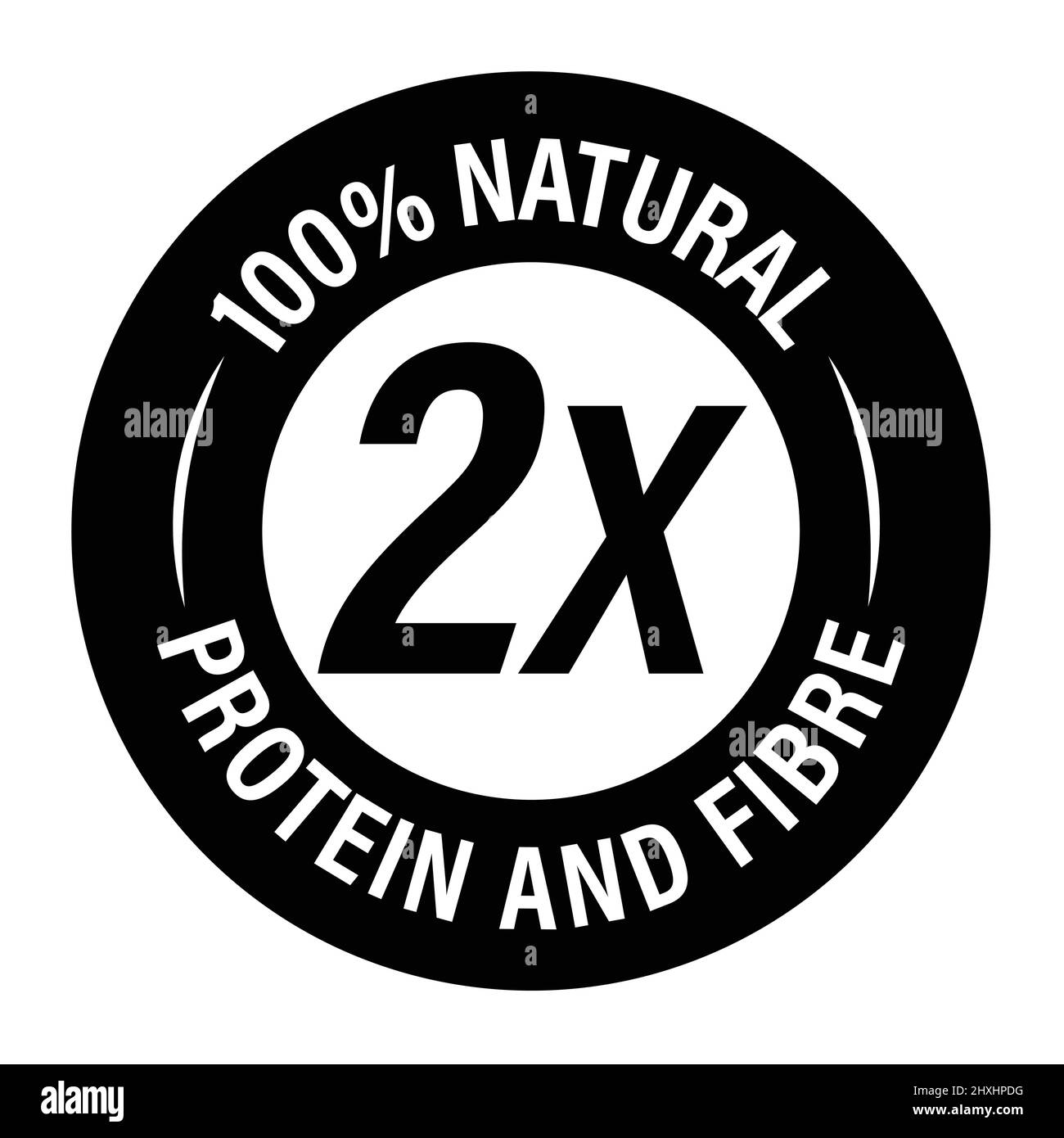 '100% natural, 2x, more protein and fibre' vector icon, black in color ...