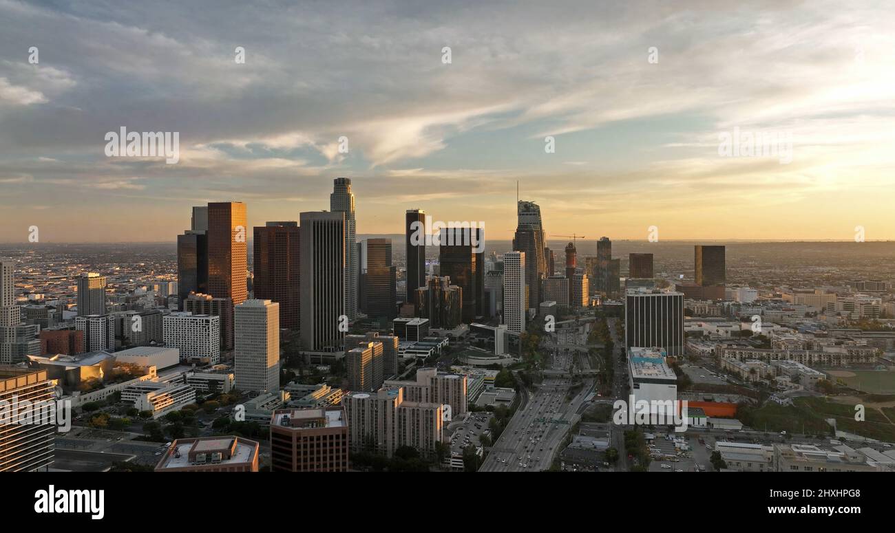 Los angeles aerial view, flying with drone. Downtown Los Angeles ...