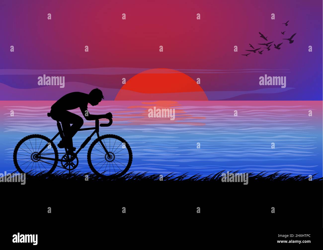 graphics image man riding a bicycle at evening with a sunset at sea ...