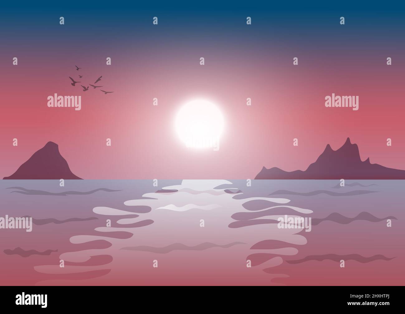 graphics drawing Design Landscape view Beach at sunset and the moon ...