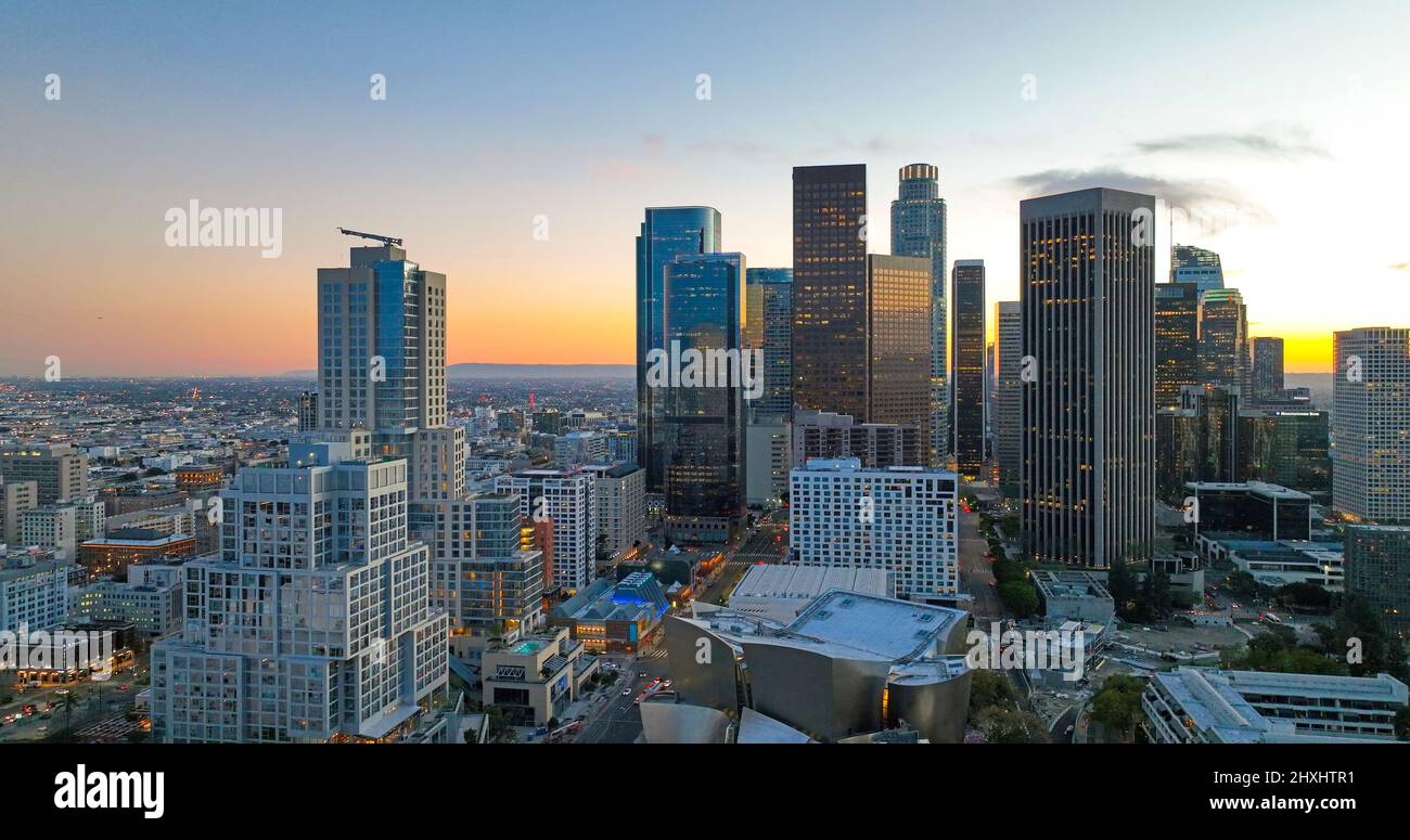 Sunset over Los Angeles downtown. Los Angeles skyline and skyscrapers ...