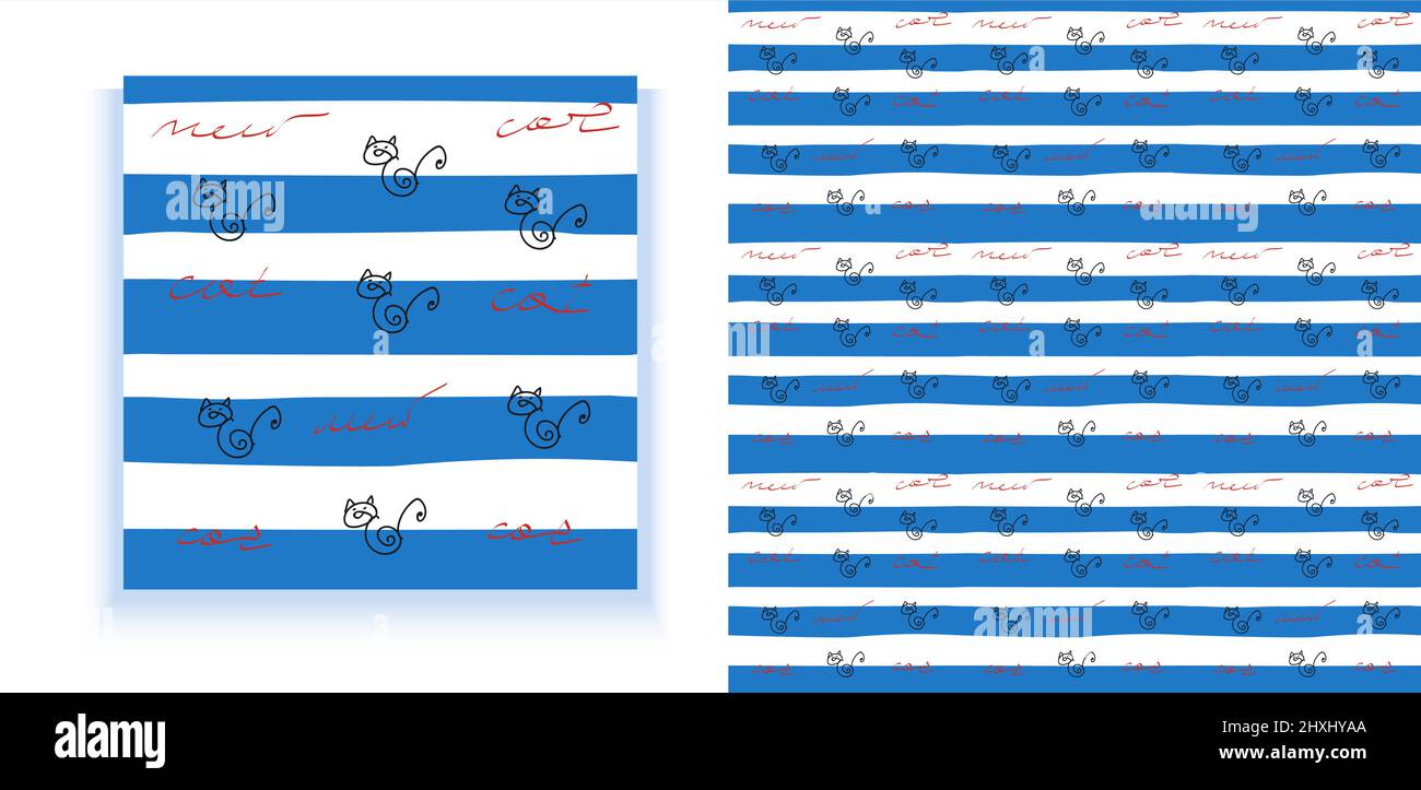 Seamless pattern with kittens. Hand drawn stripes and cats. White and ...