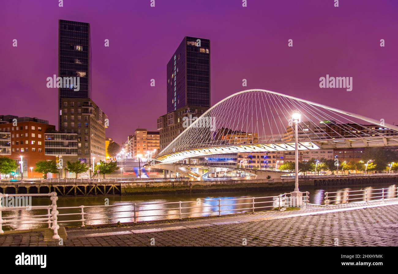 Bilbao riverside at night Basque Country Northern Spain Europe Stock ...
