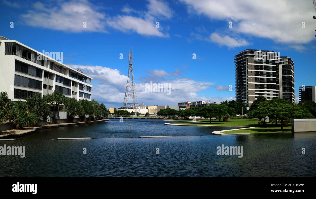 Artificial lake and residential buildings in Newstead Brisbane ...