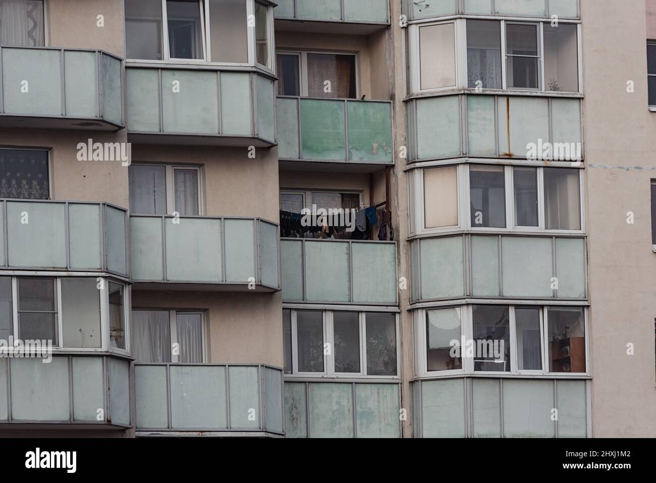Detail of balconies in a block of flats. House built with prefabricated ...