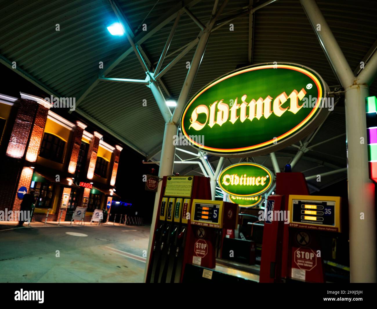 Oldtimer gas station on the highway before entering Linz Stock Photo ...