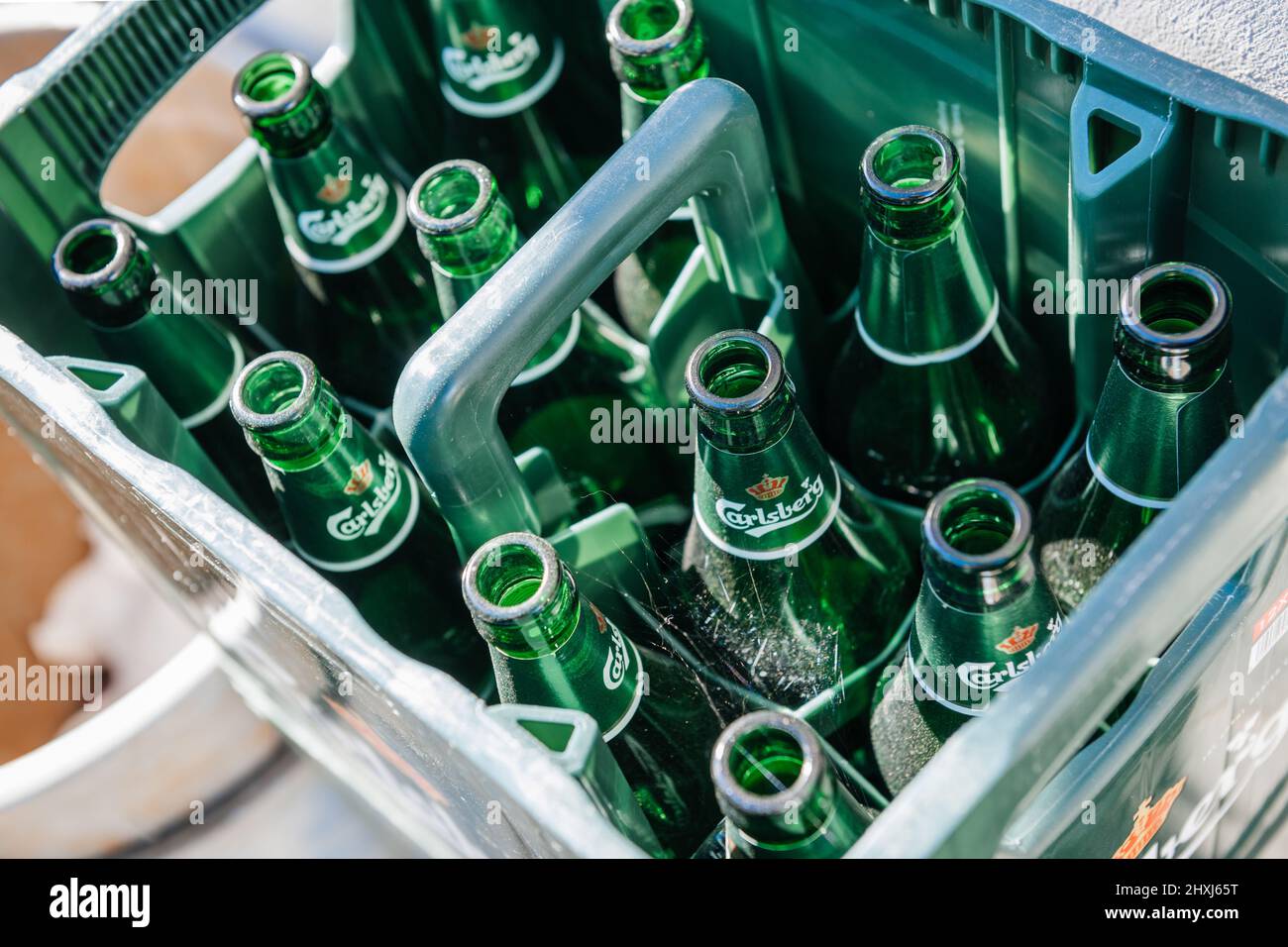 Paphos, Cyprus - Oct 28, 2014: Close-up of multiple carlsberg empty ...
