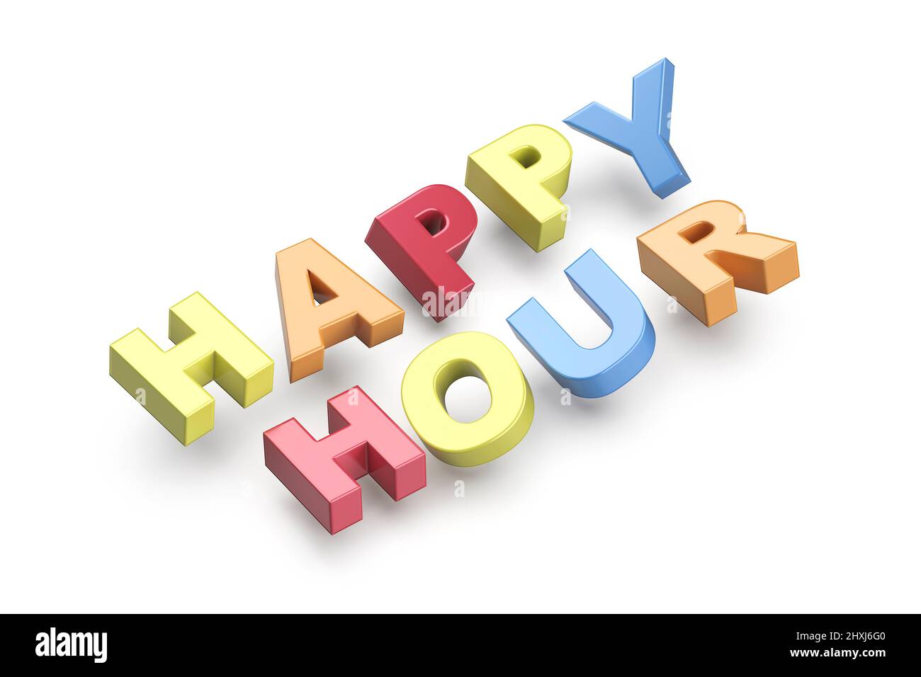 Happy hour promo text with colorful letters on white background Stock ...