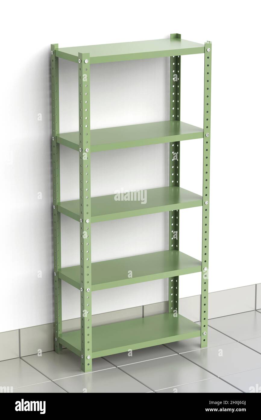 Green metal shelf in storage room Stock Photo - Alamy