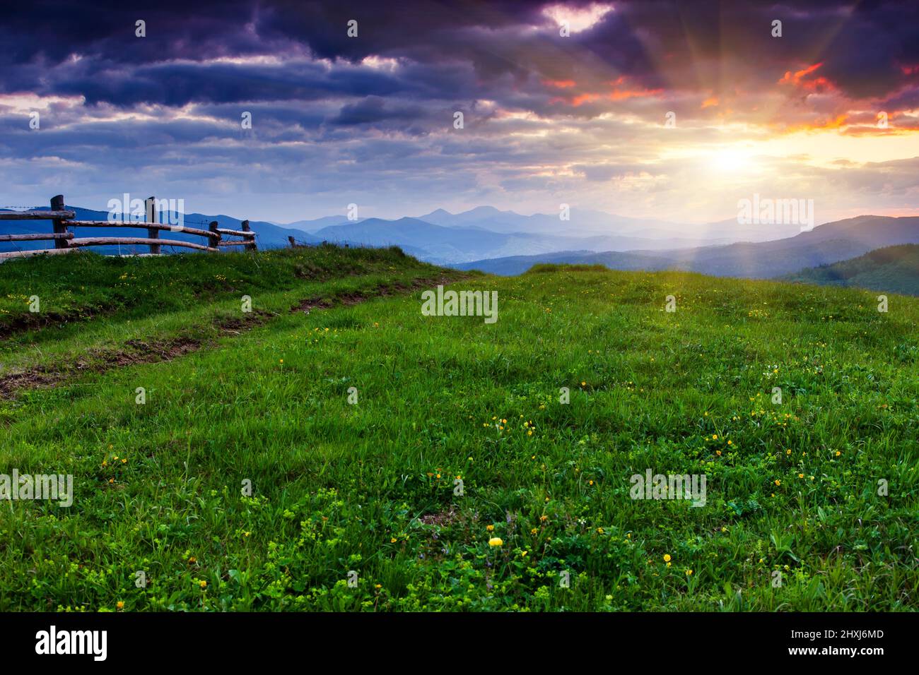 Majestic mountains landscape under morning sky with clouds. Overcast sky before storm ...