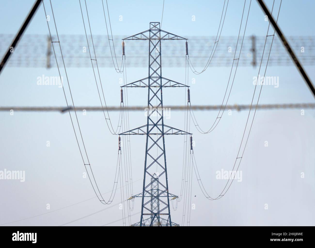 Electricity pylons in Lower Radley Village, winter morning 7 Stock ...