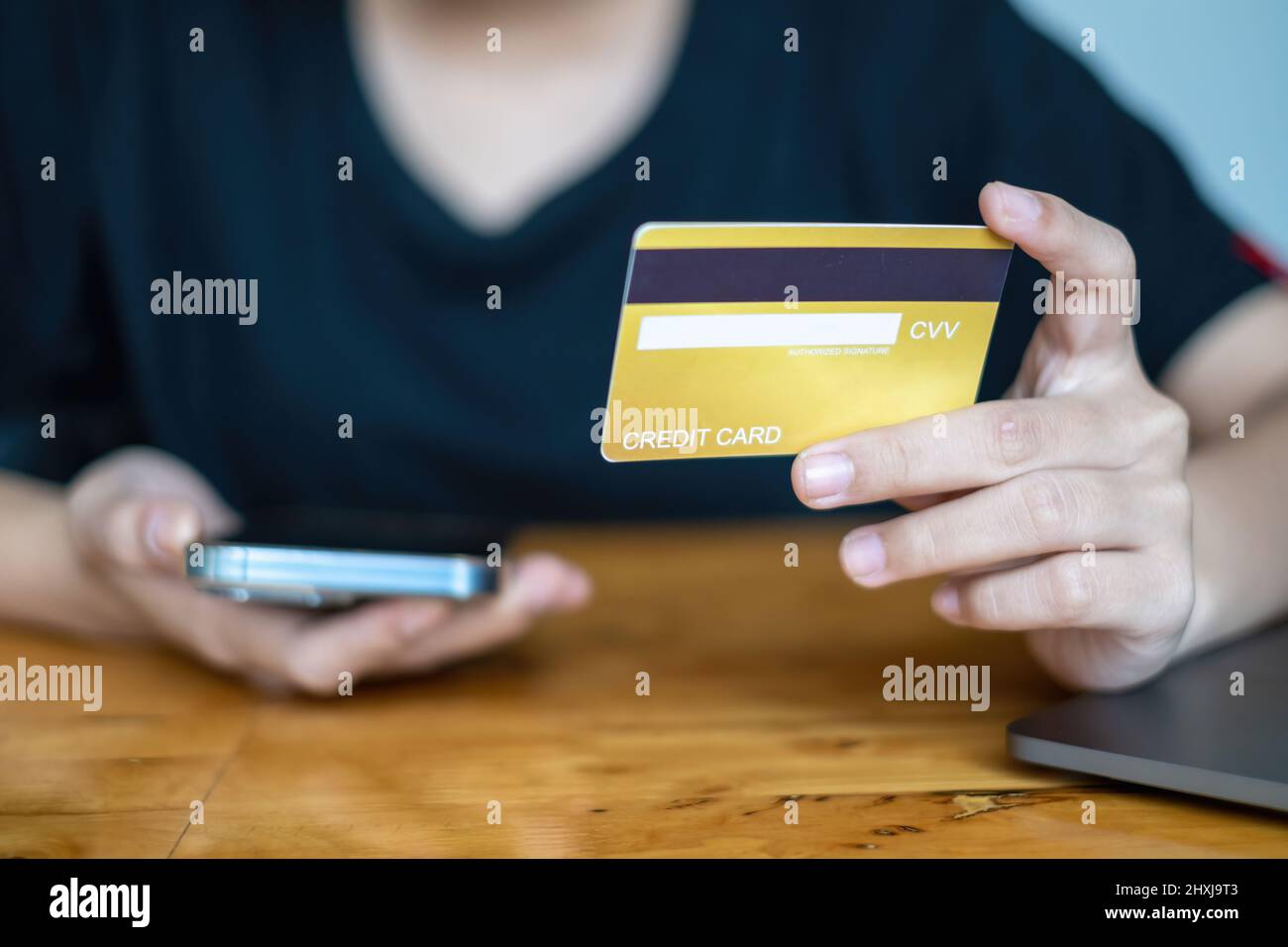 Woman enjoy with online shopping application and typing credit card for ...