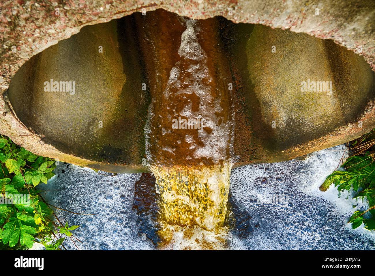 Brown swamp water full of organic substances flows down the pipe and ...