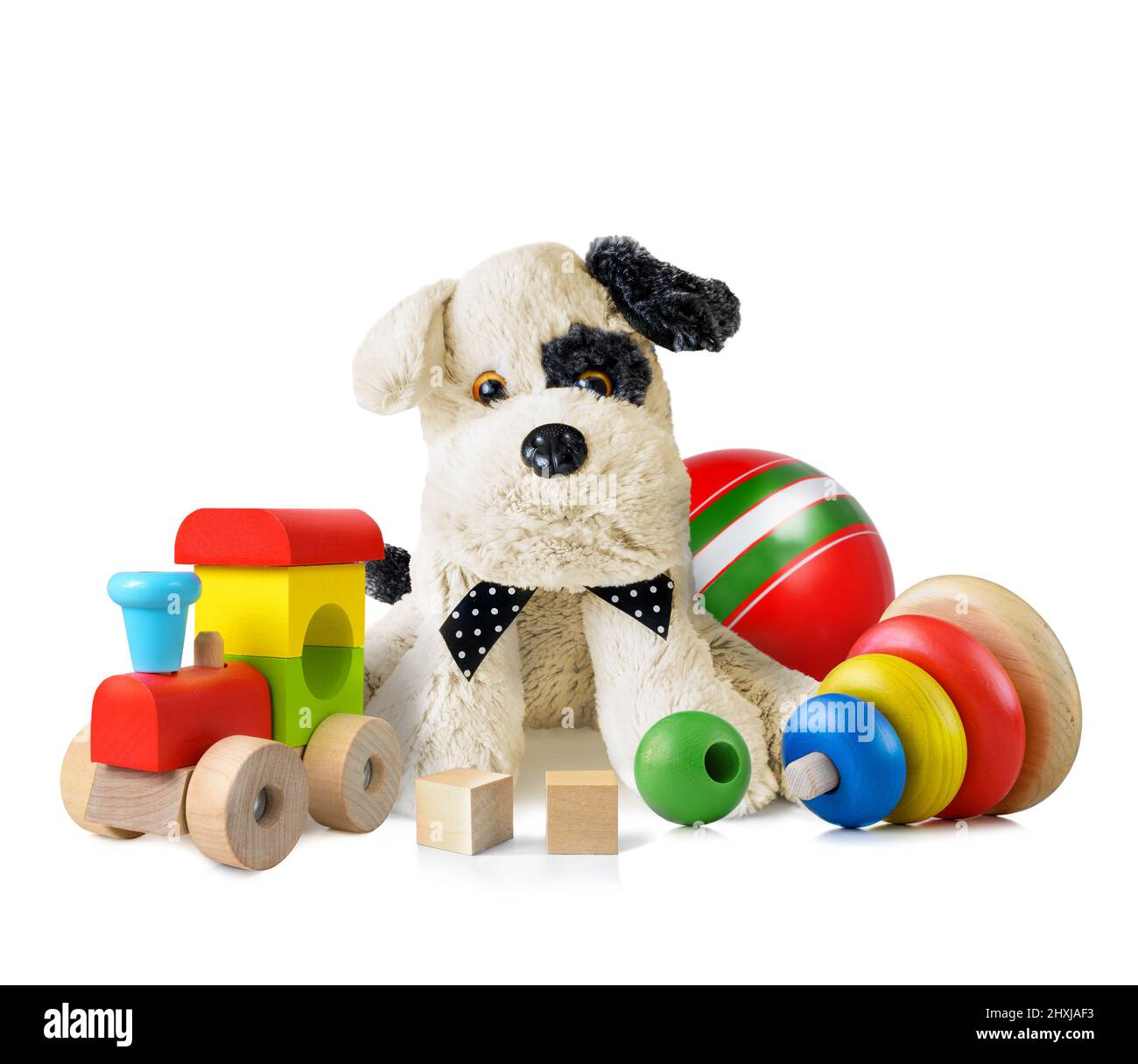 Many colorful children's toys collection on a white background Stock ...