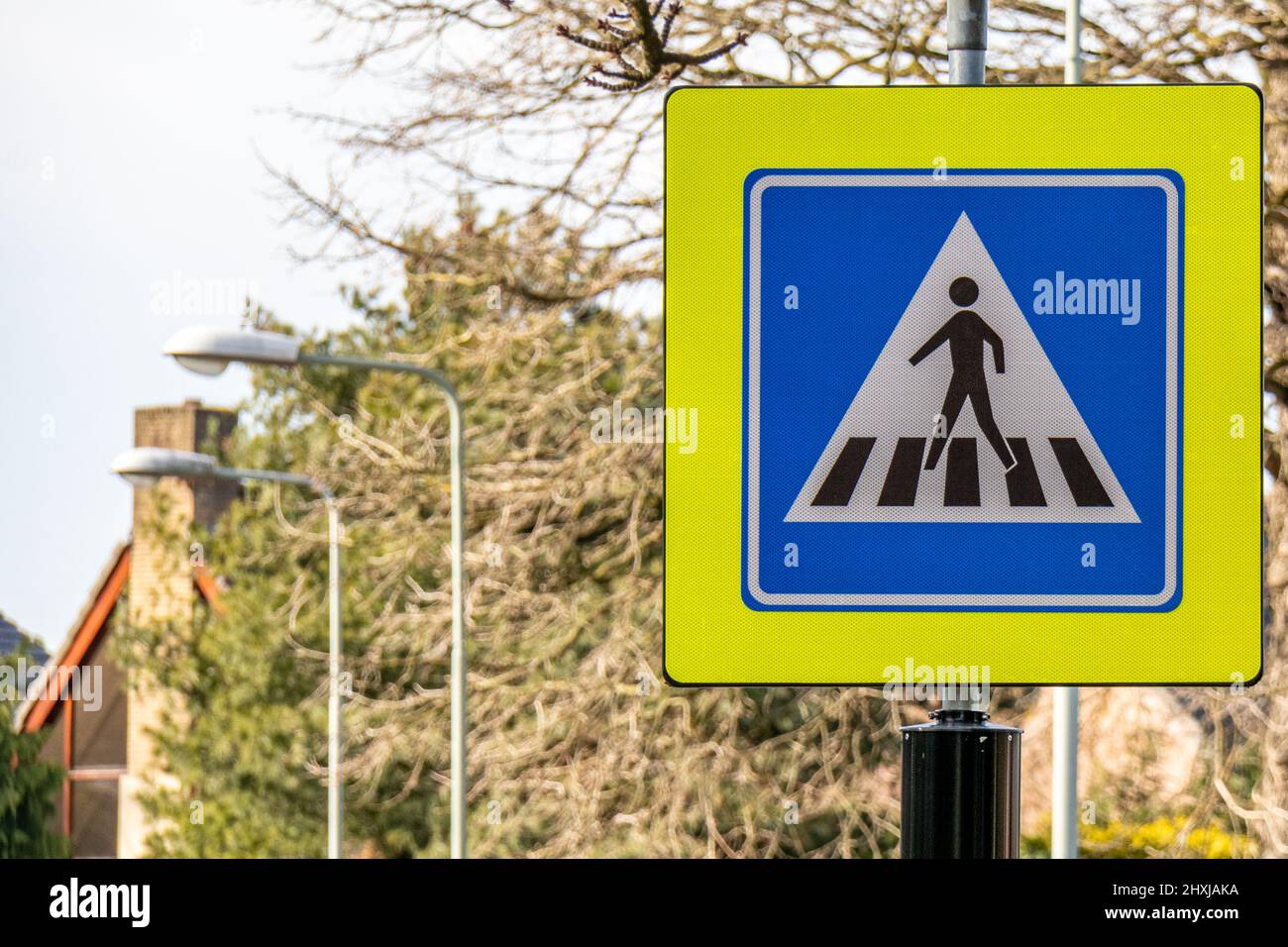 Pedestrian crossing sign, square metal plate with a yellow, blue border ...