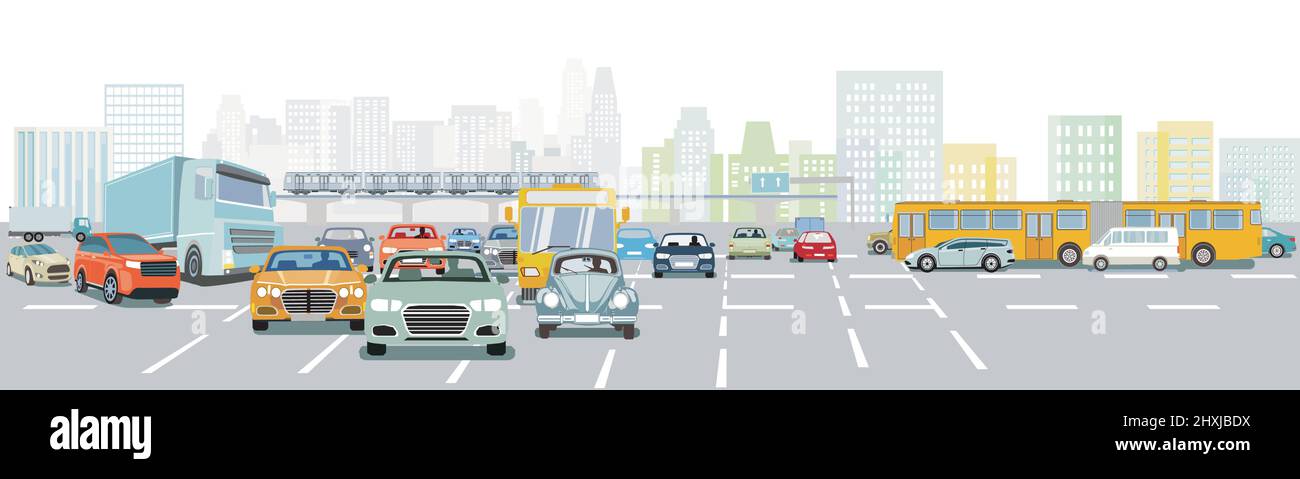 Big city with road traffic in traffic jam and public transport ...