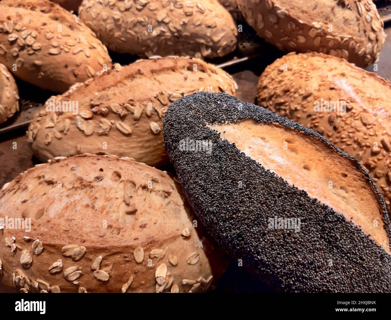 Bread rolls in a bakery display as a symbol for diversity in the range ...