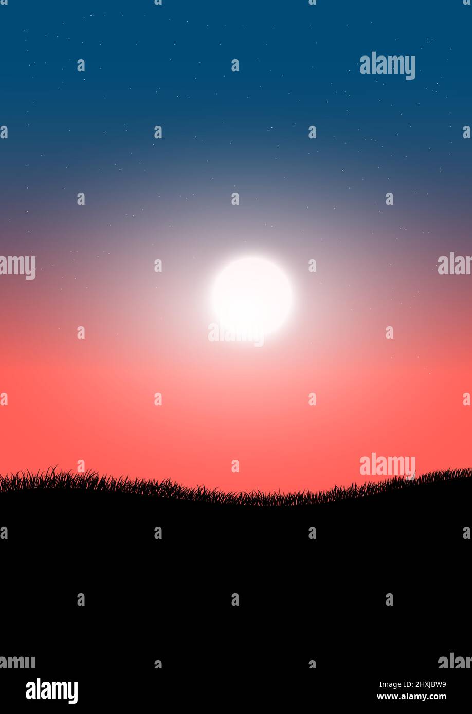 graphics drawing silhouette super moon at night with grass on the ...