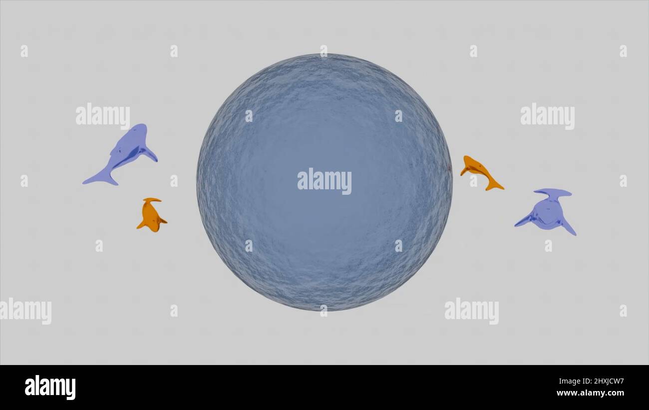 Abstract liquid 3D blue ball surrounded by swimming sharks, seamless ...