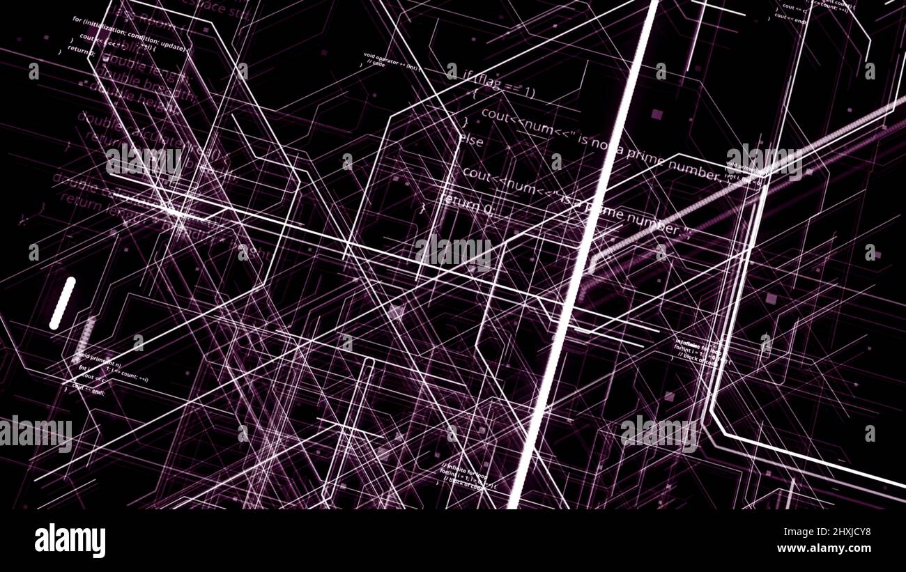 Abstract ultraviolet glowing tunnel with flying lines of code, seamless ...