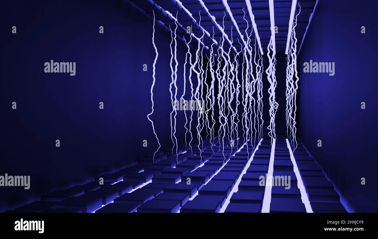 3D corridor with electric waves. Design. Rows of vibrating electric ...