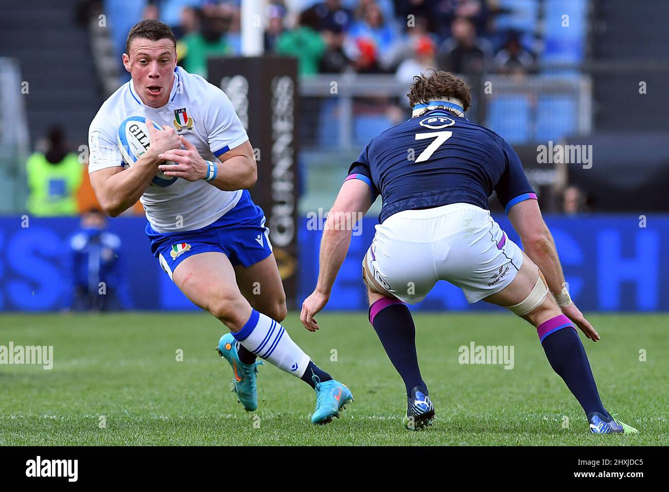 Paolo Garbisi of Italy Hamish Watson of Scotland during 6 Nations ...