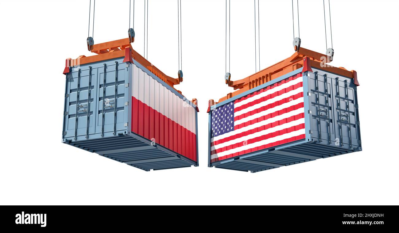 Cargo containers with USA and Poland national flags. 3D Rendering Stock ...