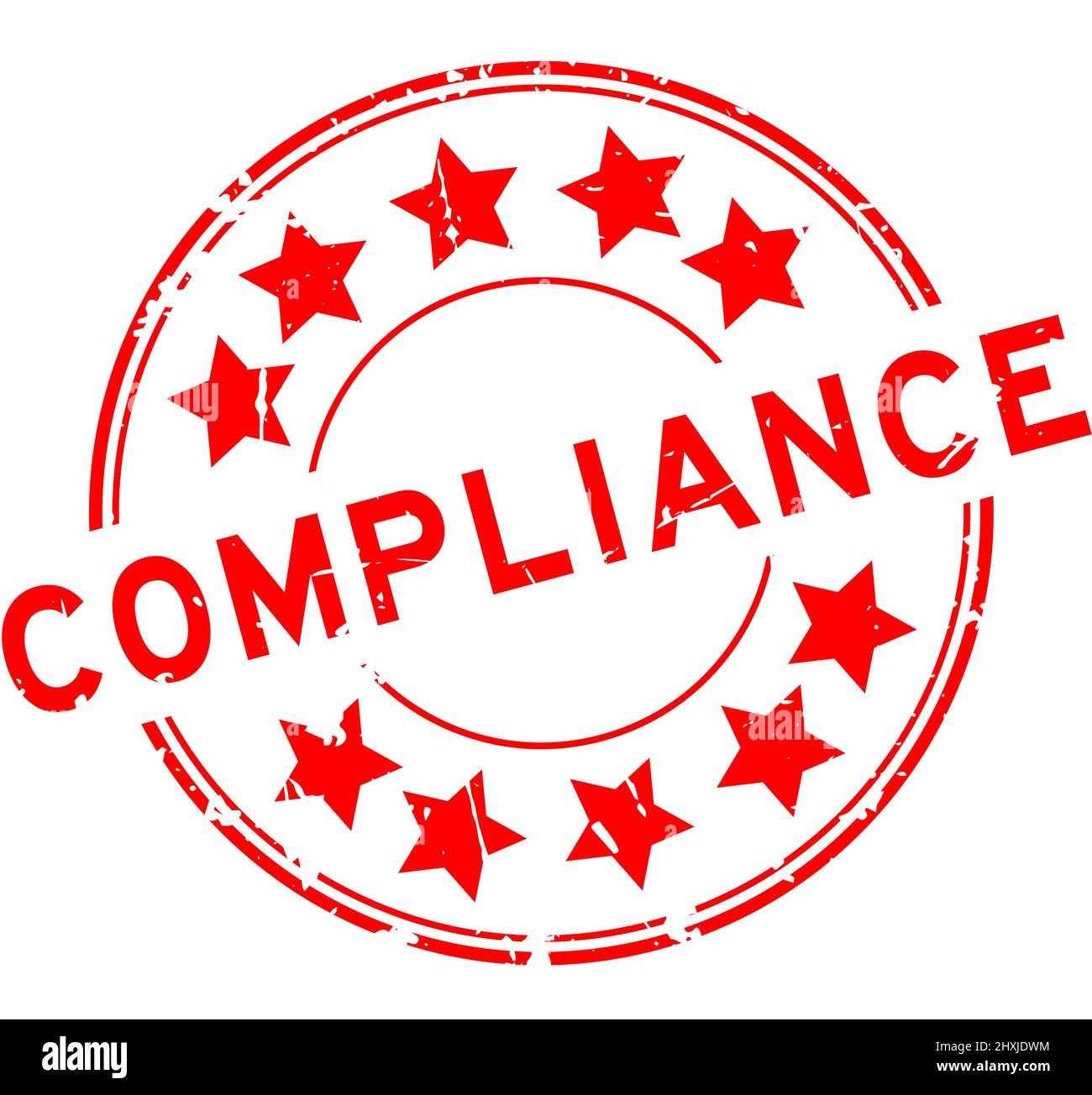 Grunge red compliance word with star icon round rubber seal stamp on ...