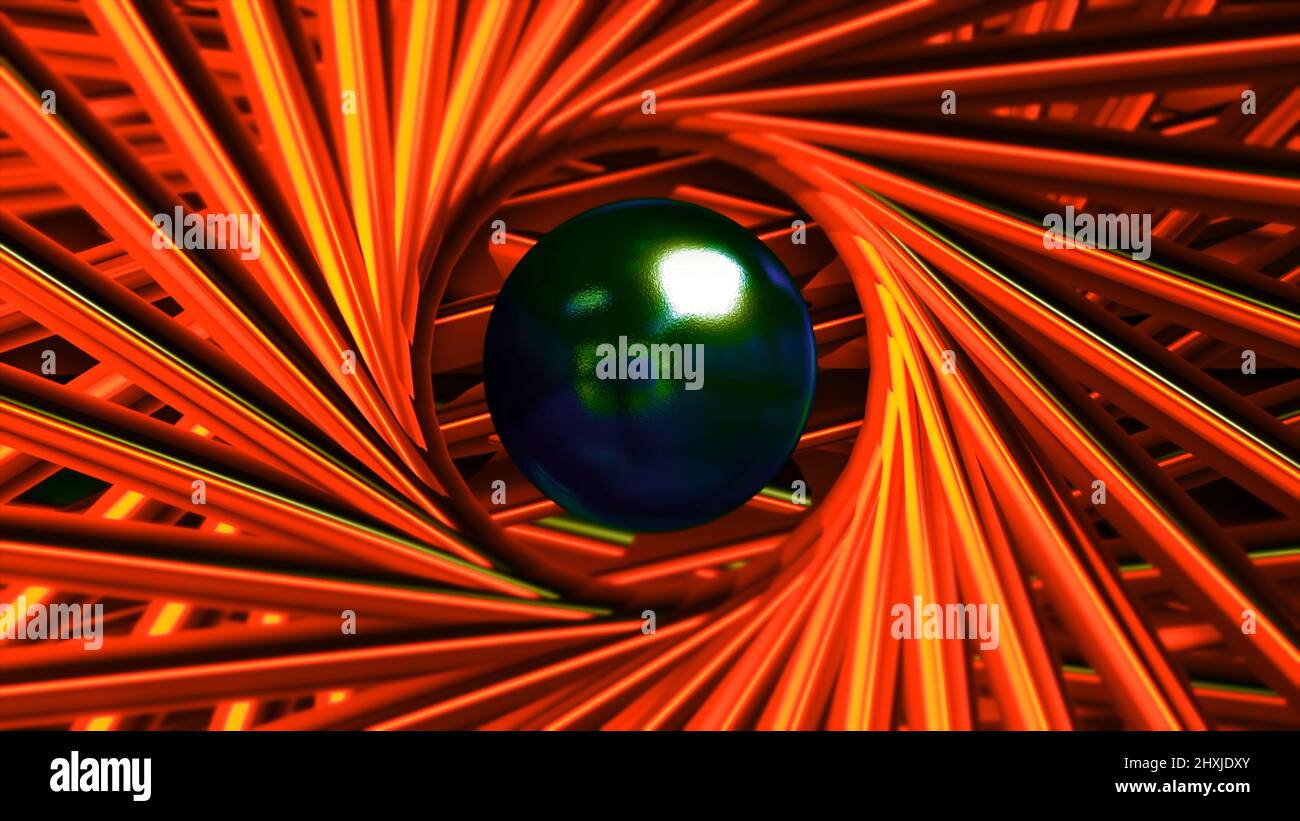 Ball in rotating 3d spiral of metal lines. Motion. 3D animation with ...