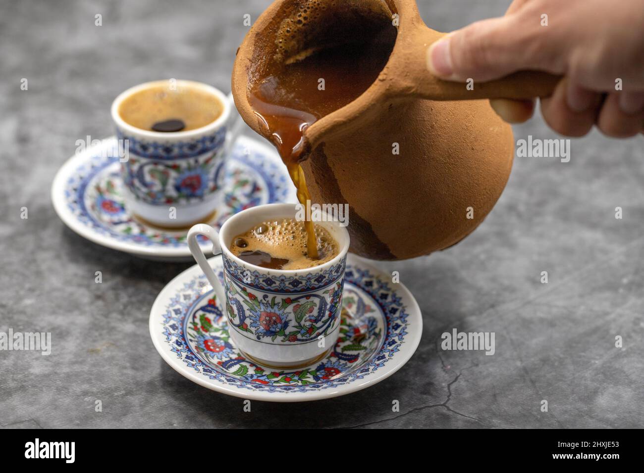 Turkish coffee on a dark background. Traditional Turkish cuisine flavor. close up Stock Photo ...