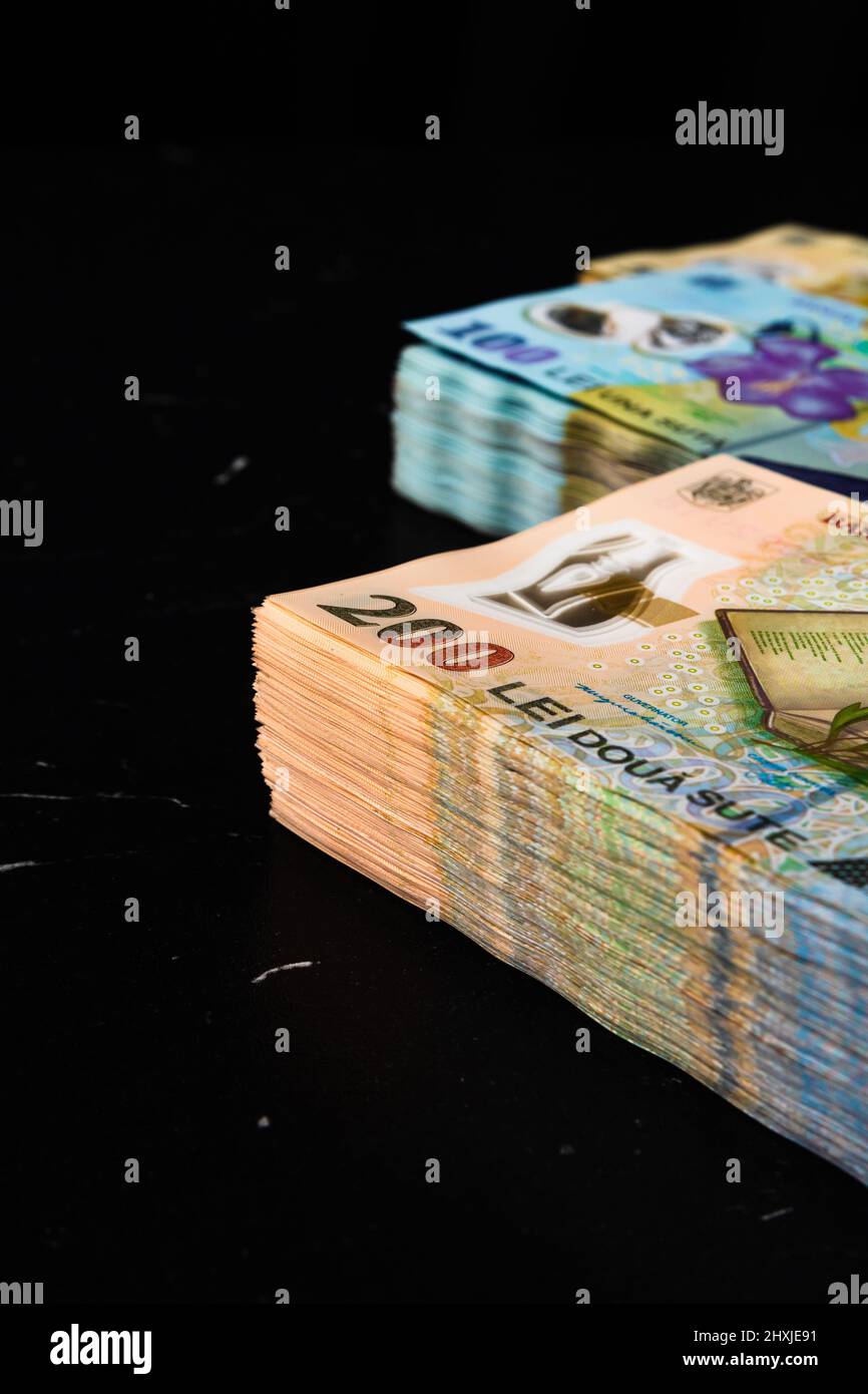 Stack of LEI Romanian money. RON Leu Money European Currency Stock ...