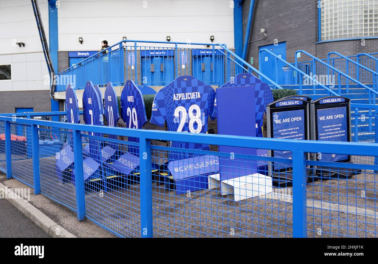 Player name boards and club shop boards in a pen at Stamford Bridge ...